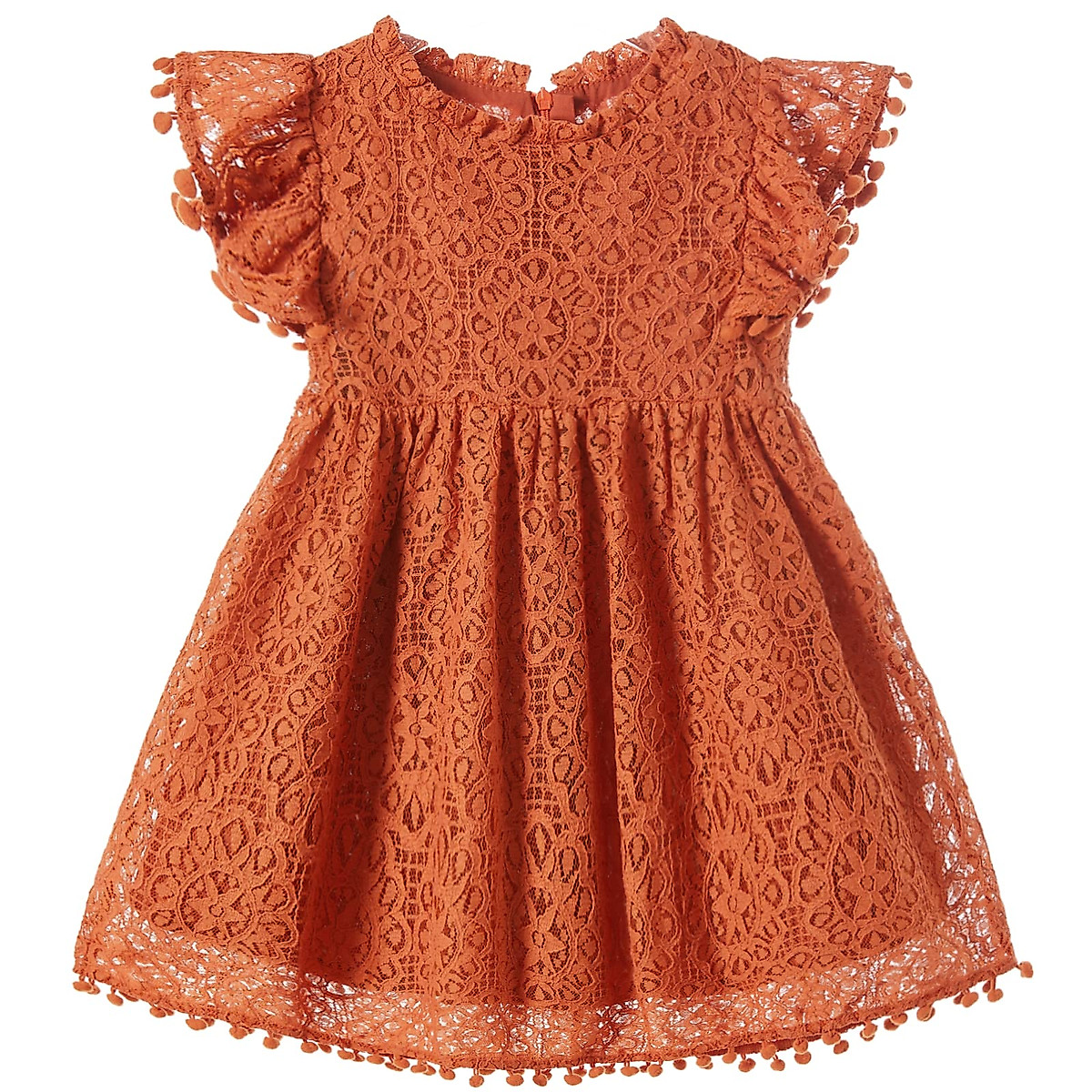 Niyage Toddler Girls Elegant Lace Pom Pom Flutter Sleeve Party Princess Dress Brick Red 100