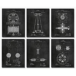 Nikola Tesla Gifts for Engineers - Steampunk Wall Decor SIX (8"x10") UNFRAMED Wall Art Patent Prints - Industrial Artwork Home Decor - Electrical, Coil, Nerd, Geek, Science, Physics Decorations