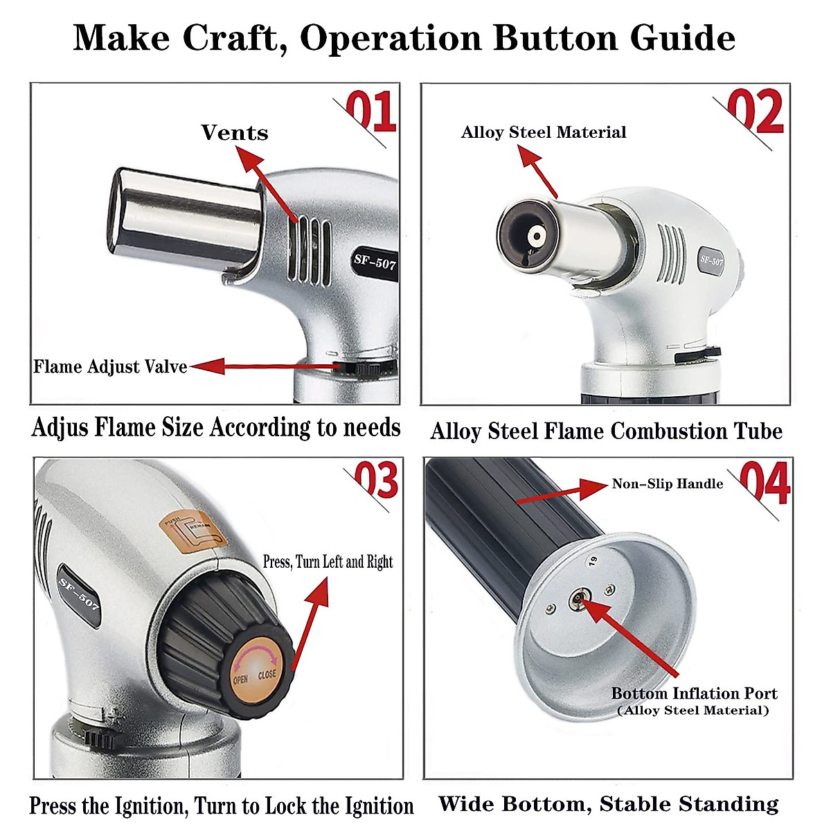 Refillable Butane Torch, Cooking Flame Stable & Adjustable, with Safety Lock, Fit All Gas, for Desserts, Creme Brule, BBQ Baking,Welding. (Gas not Includ, 4.72x1.8x5.7 inches), Black, SF-507