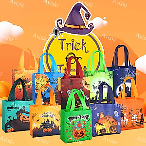Aviski 10PCS Halloween Trick or Treat Bags, Small Halloween Tote Bags with Handles, Gift Bags, Multifunctional Non-Woven Halloween Bags for Gifts Wrapping, Halloween Party Supplies