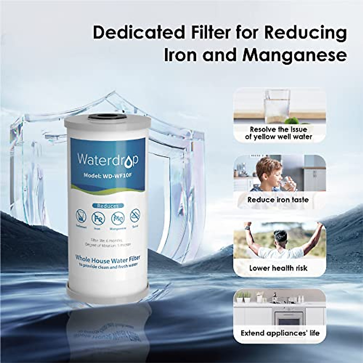 Waterdrop Whole House Water Filter System Reduce Iron & Manganese，with Replacement Cartridge & Manganese&Spin Down Sediment Filter