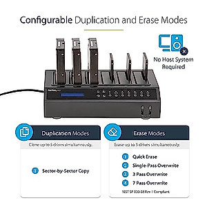 StarTech.com 6-Bay Hard Drive Duplicator/Eraser, Standalone 1:5 HDD/SSD Cloner/Copier, USB 3.0/eSATA to SATA Docking Station, Disk Sanitizer/Wiper, DOD Erasing, Cloning Toolless Device (SATDOCK5U3ER)