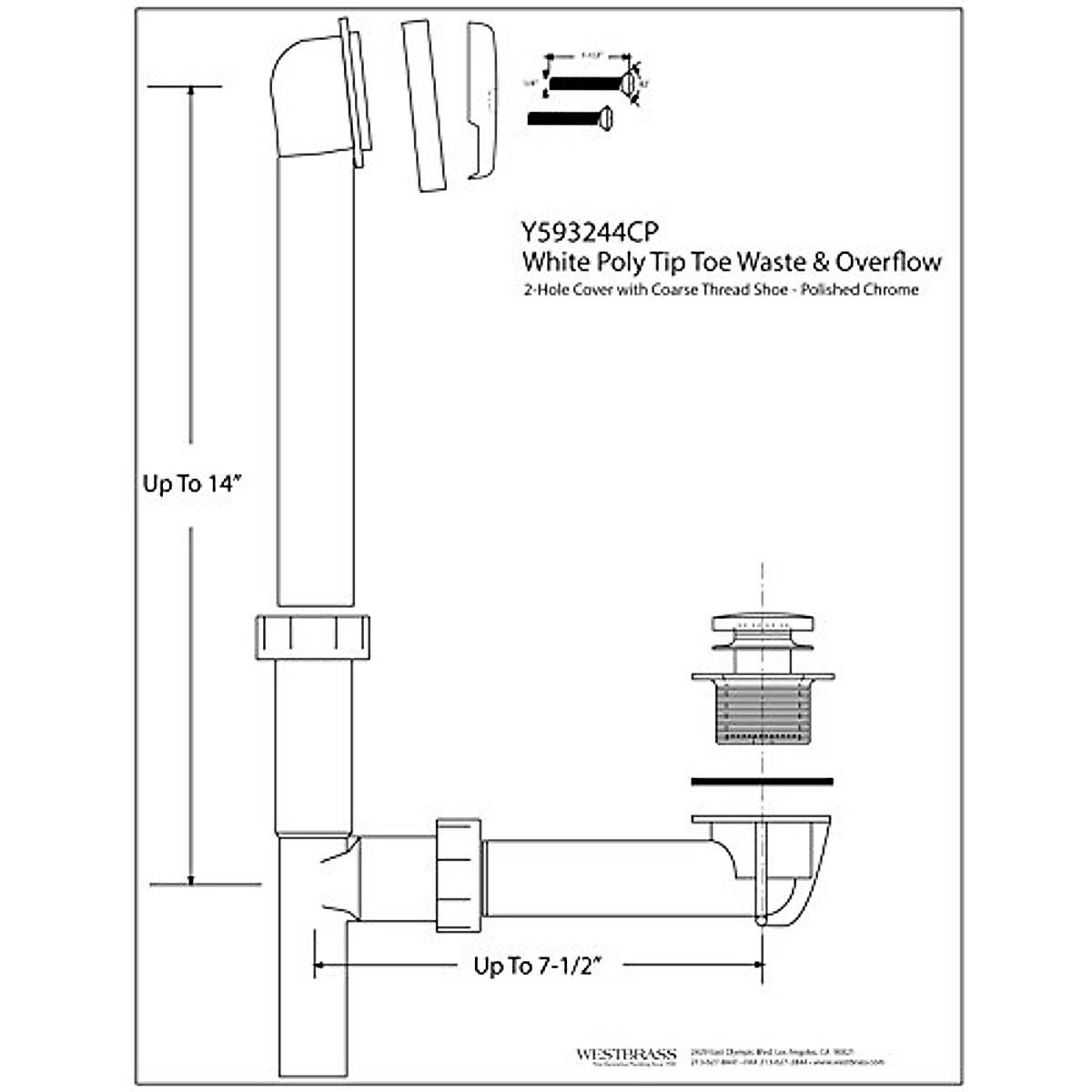 Westbrass Y593244CP White Tubular Tip-Toe Bath Waste and Overflow Assembly, Polished Chrome