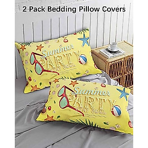 Edwiinsa Summer Beach Party Pillow Covers Standard Size Set of 2 20x26 Bed Pillow, Tropical Leaves Starfish Seashells Yellow Plush Soft Comfort for Hair/Skin Cooling Pillowcases with Envelop Closure