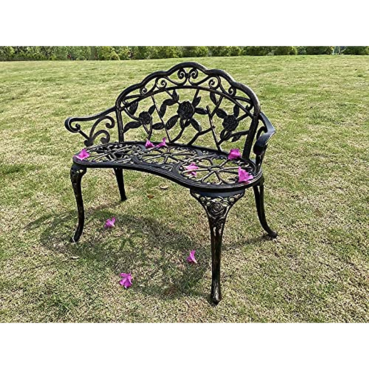 U/D Outdoor Bench Park Garden Bench ，All Chair Anti Rust Cast Aluminum Patio Yard Bench ，Carved Rose Loveseat Bench for Backyard. Porch, Balcony, Lawn. (Without Cushion, Copper)