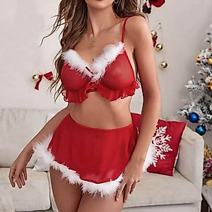 Plus Size Lingerie Set for Women Christmas Santa Fluffy Furry 2 Piece Lingerie Set for Women Sexy Deep V Lace Bra and Skirt Lingerie for Women Naughty Cosplay Costume Women's Exotic Lingerie Sets
