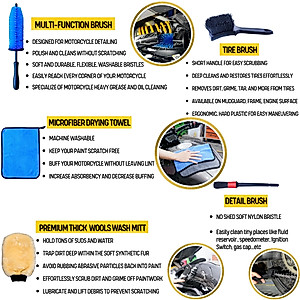 Motorcycle Cleaning Brush Kit 6 Pack, Easy Reach Brush, Chain Brush,Wool Wash Mitt, Stiff Tire Brush, Detailing Brush& Microfiber Towel for Motorcycle Mudguard, Rims,Exhaust, Frame Detailing Wash Kit