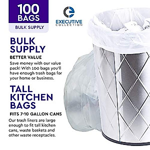 Clear 7-10 Gallon Trash Bags, Bulk Pack - Medium Size Garbage Bin Liners for Office, Bedroom and Kitchen Wastebasket Cans - by Executive Collection (100 Bags)