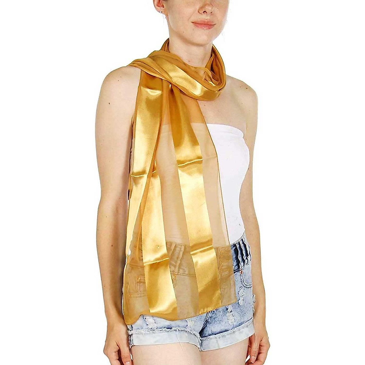 SERENITA Scarfs for women | lightweight soft silky scarves | 60" long satin chiffon stripe solid color neckerchief, Gold