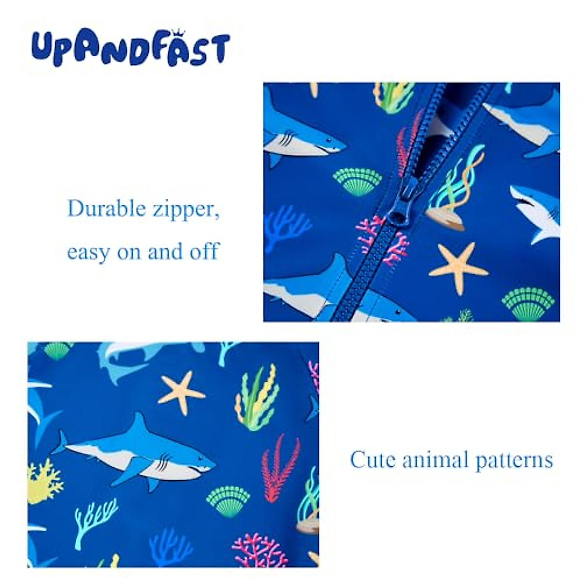 upandfast Baby Boys Swimsuit Long Sleeve One Piece Swimwear Zip Rash Guard Sun Protection (Blue Shark, 24-36 Months)