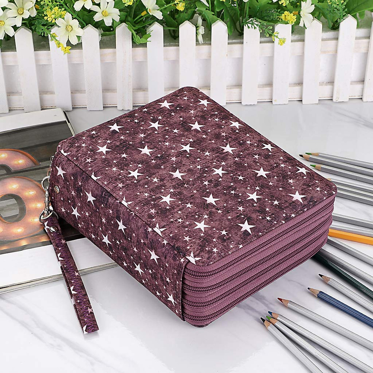 BTSKY Colored Pencil Case- 160 Slots Pencil Holder Pen Bag Large Capacity Pencil Organizer with Handle Strap Handy Colored Pencil Box with Printing Pattern Purple Stars