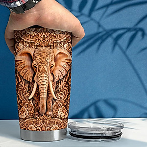 SANDJEST Personalized Elephant Wood Drawing Tumbler 20oz 30oz Insulated Tumblers with Lid Coffee Travel Mug Cup for Men Women Gift for Birthday