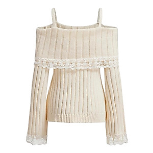Women Off Shoulder Top Y2K Long Sleeve Lace Trim Knit Shirt Fashion Cute Solid Pullover Sweater(B-Off White Shirt,S)