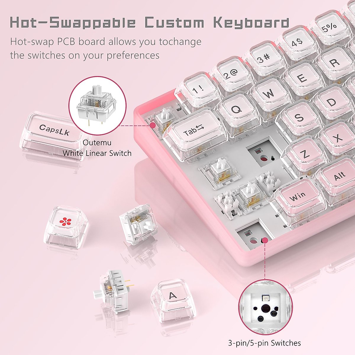 Womier W-K68 60% Keyboard Gaming - Wired Creamy Mechanical Keyboard, Hot-Swappable RGB Custom Mini Key Board with Arrow Keys/Software Supported, Prelubrication Linear Switch - Pink