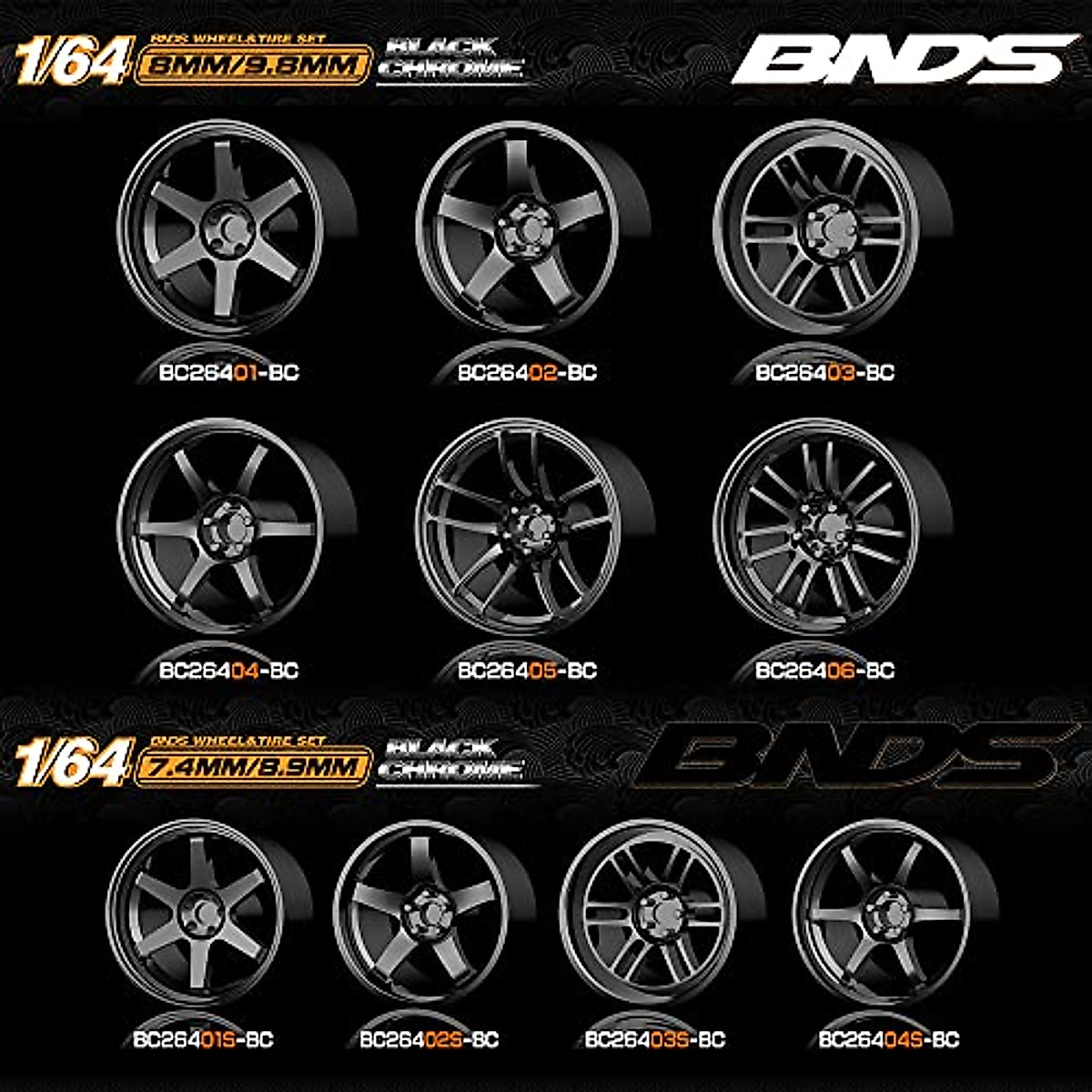 BNDS 1/64 Scale ABS Wheels Rubber Tires with Axles Plastict Material (4pcs/1 Kit) Modified Detail Up Parts for 1:64 Diecast Model Cars (BC26402S, Black Chrome)
