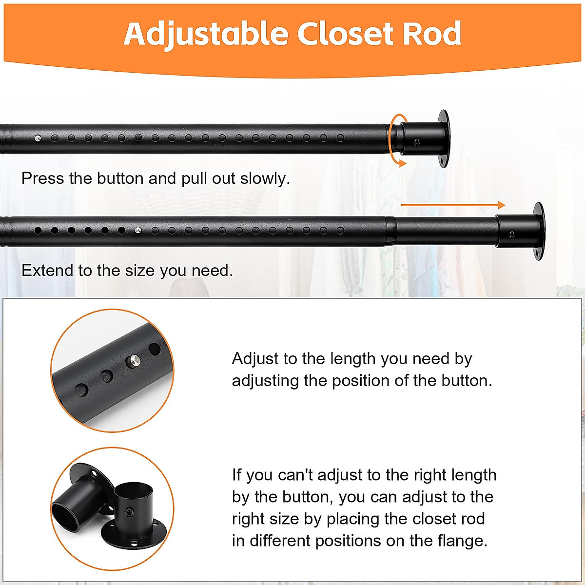 Closet Rods for Hanging Clothes, Heavy Duty Closet Rod 17-96 Inch Adjustable Clothes Hanging Bar Metal Shower Curtain Rods for Closet, Wardrobes, Bathroom, Windows