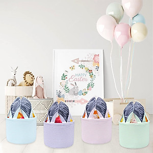 GFU Easter Bunny Basket with 2pcs Stickers,Seersucker Eggs Hunt Bag with Handle for Kids, Pink Children Easter Tote Bags,Rabbit Ears Stripe Bag for Boys and Girls to Carry Candy Gift, Easter Egg