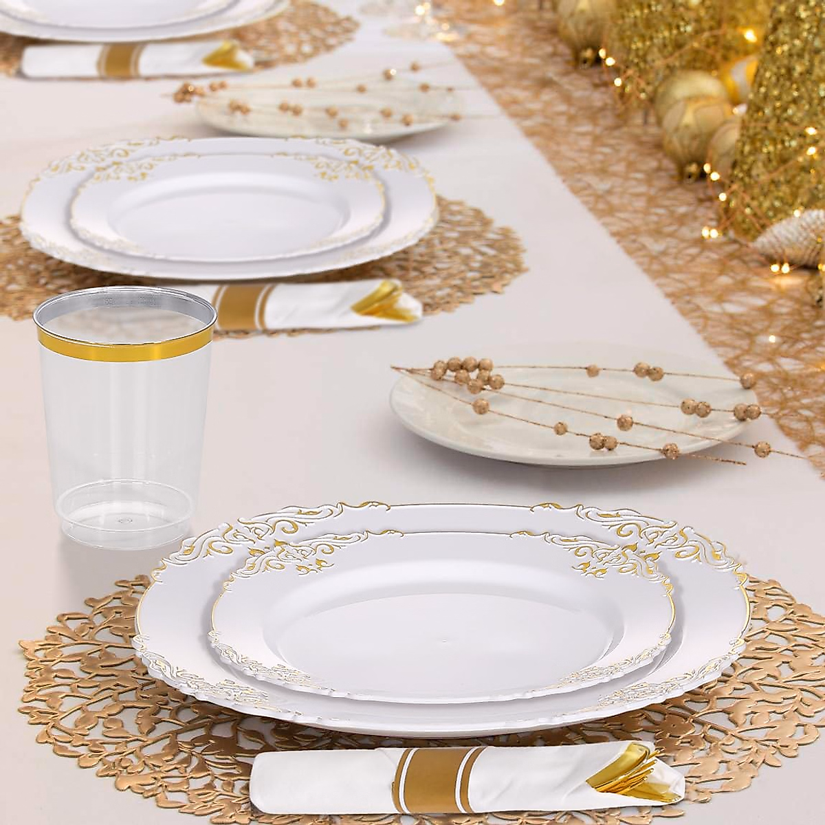 Zulzzy 350 PCS White and Gold Plastic Plates Vintage Design - Includes 50 Dinner Plates, 50 Dessert Plates, 50 Napkins, 50 Cups & Gold Silverware. Ideal for Weddings, Parties & Events.