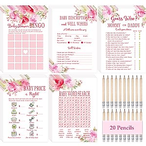 Outus 125 Pieces Floral Baby Shower Game for Girls 5 Games 20 Fun Complementary Pencils Baby Shower Games Activities Include Baby Descriptions and Wishes, Guess Who Games(250 Pieces)