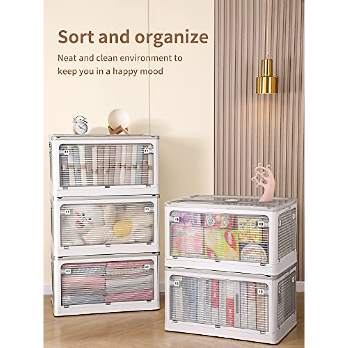 JOYBOS Stackable Storage Bins with Lid and Wheels, 3 Pack 21Gal Plastic Collapsible Storage Bins, Closet Organizers and Storage Large Folding Storage Boxes with Five Doors, Suitable for Home, Office