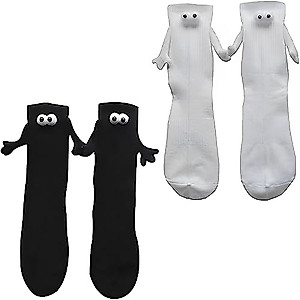 Aohoyaca 2pairs Hand in Hand Socks Friendship Socks Magnet, Magnetic Socks Hand Hold Friend Socks Magnet Holding Hand Couple Socks Big Eye Socks for Couples Friends Sisters Lovers (black + white)