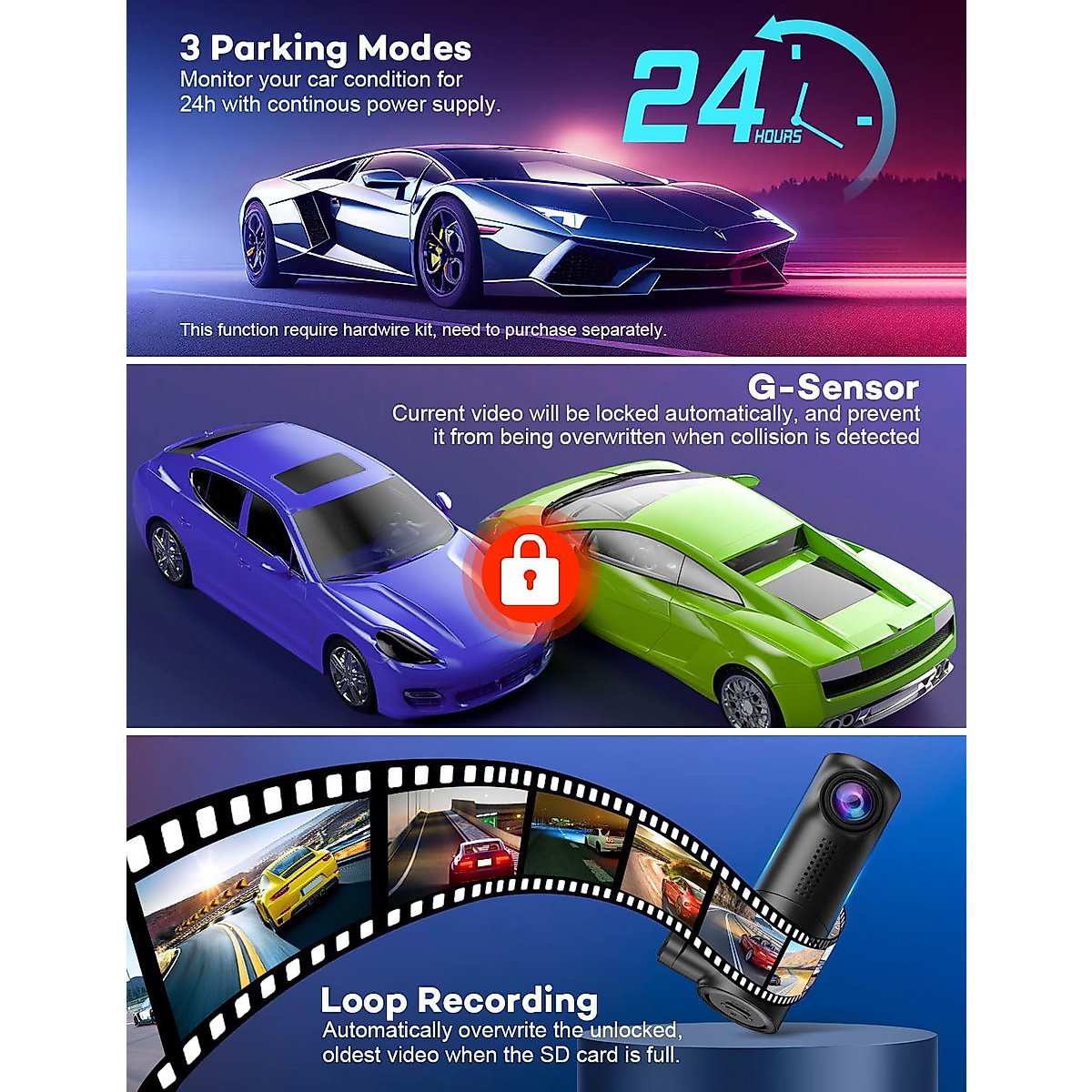 OMBAR Dash Cam 2K Built-in WiFi, Dash Camera for Cars with 0.96" LCD Display, Car Camera with 64G SD Card, Night Vision, Loop Recording, G-Sensor, 24 Hours Parking Monitor, APP, 150°Wide Angle