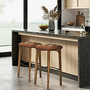 BarEasy Bar Height Stools, 2pcs Leather Wood Bar Stoolst for Kitchen Island(Brown) 1