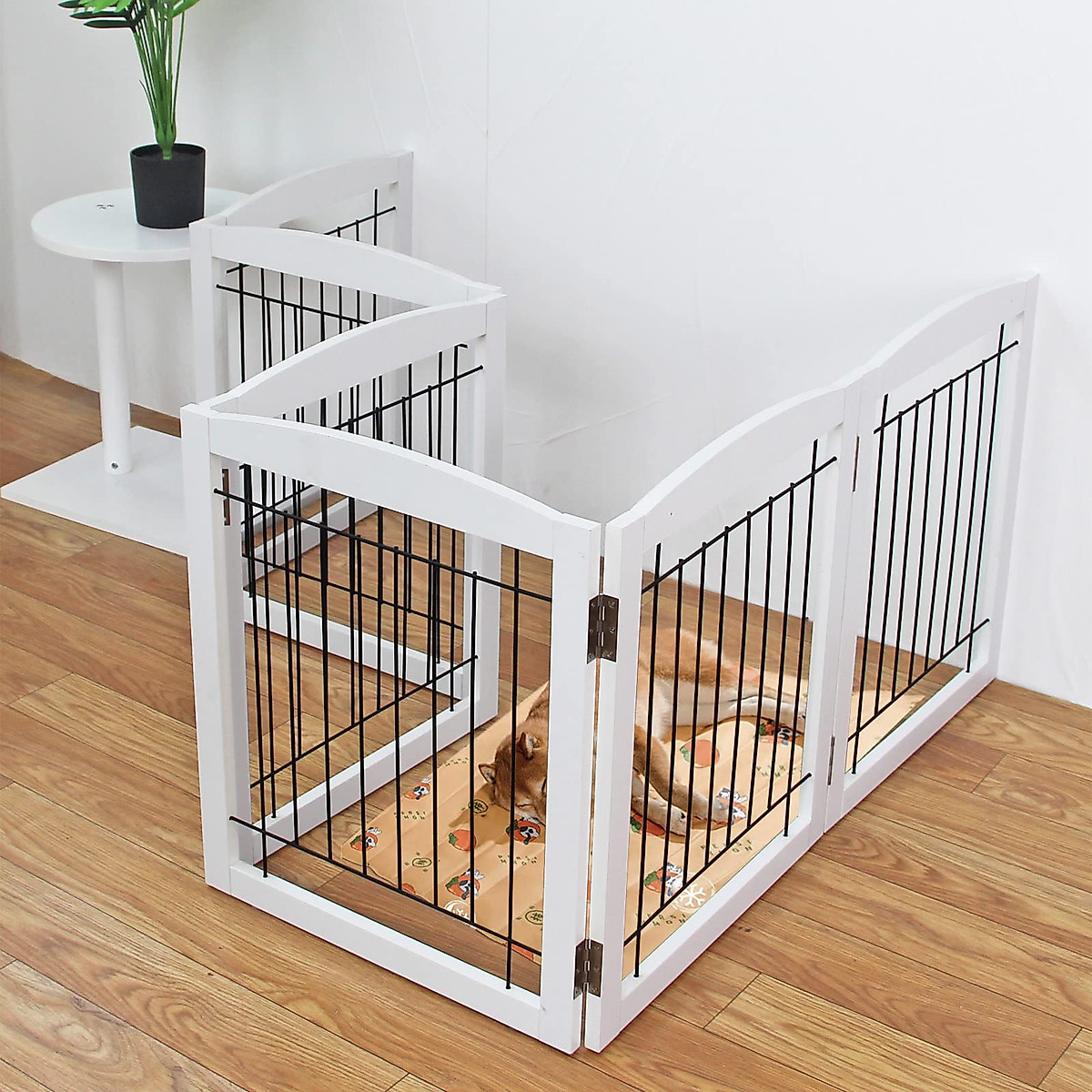 ZJSF Freestanding Foldable Dog Gate for House Extra Wide Wooden White Indoor Puppy Gate Stairs Dog Gates Doorways Tall Pet Gate 4 Panels Fence