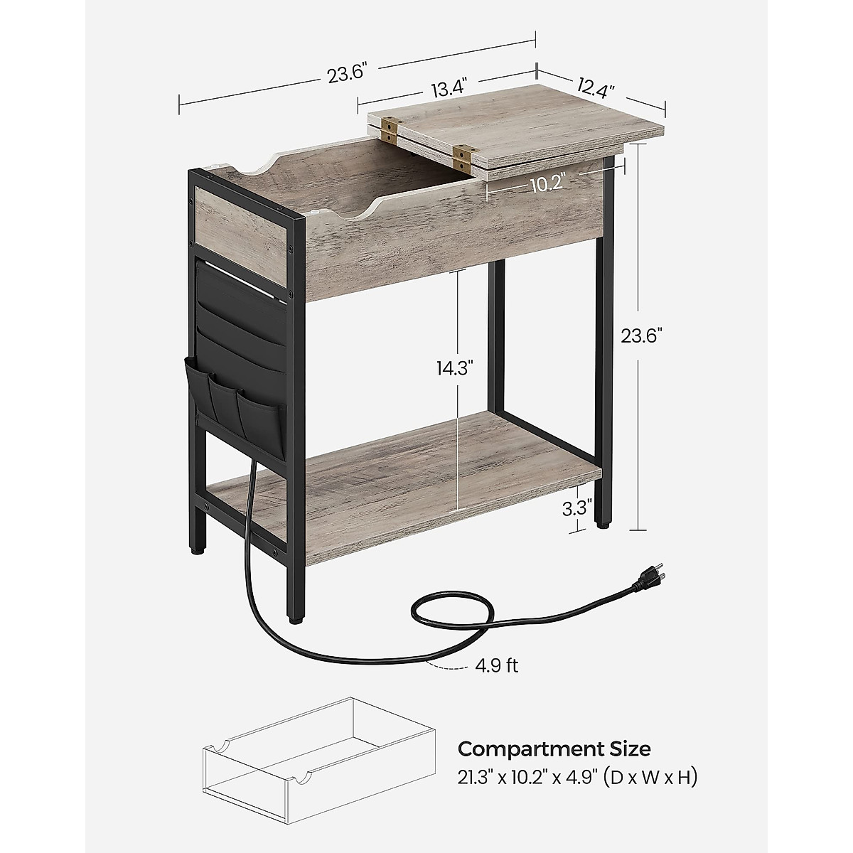 VASAGLE Side Table with Storage, End Table with USB Ports and Outlets, Nightstand with Charging Station, Fabric Bags, for Living Room, Bedroom, Greige and Black ULET310B02, 23.6 x 12.4 x 23.6 Inches