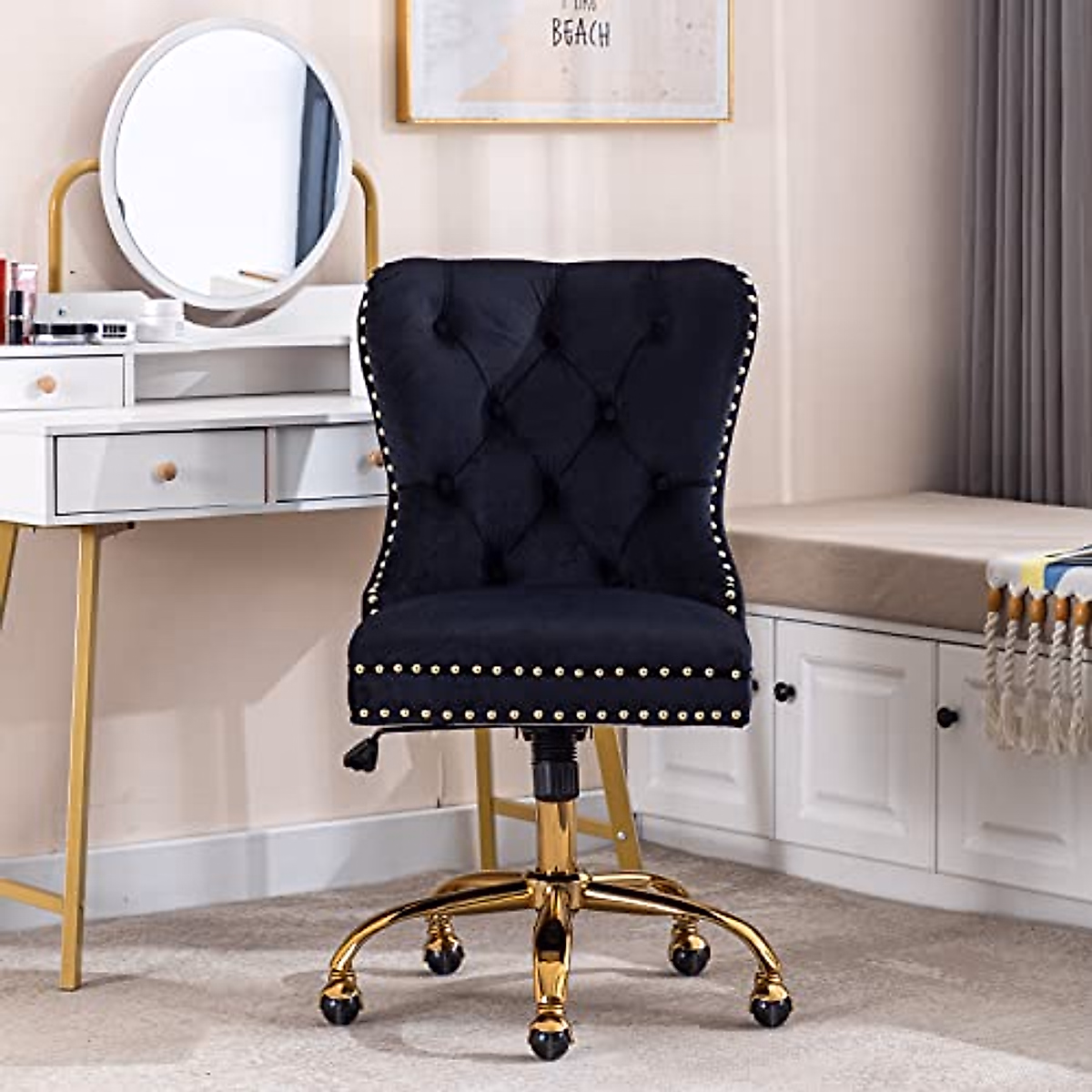 QUINJAY Velvet Home Office Desk Chair, Upholstered Adjustable Swivel Desk Chair with Gold Base, Tufted Study Desk Chair with Comfy High Back for Teens Study Makeup Black