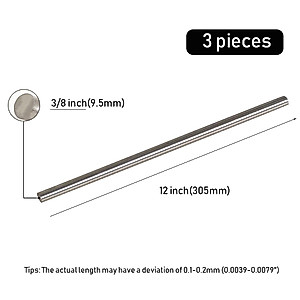 Tynulox 3Pcs 304 Stainless Steel Round Rod, 3/8" Diameter 12" Length Metal Solid Shaft Rods for Industry, Metal Working Hobbies and DIY Craft