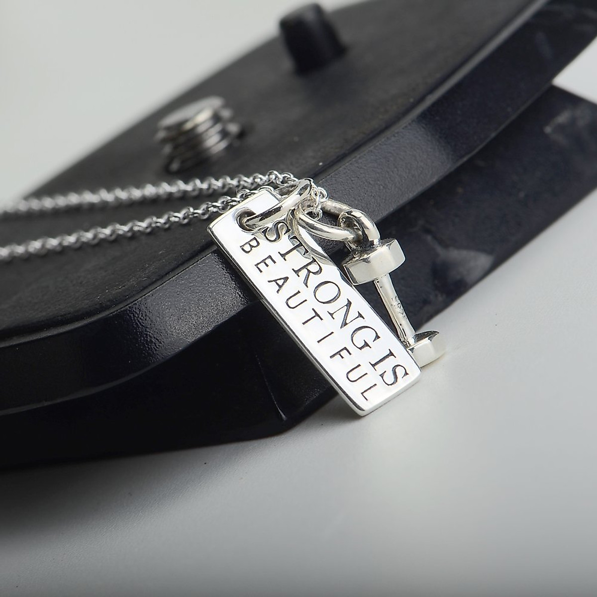 YFN Sterling Silver"Strong Is Beautiful" Engraved Dumbbell Barbell Gym Buff Pendant Necklace 18" (Strong is Beautiful Necklace)