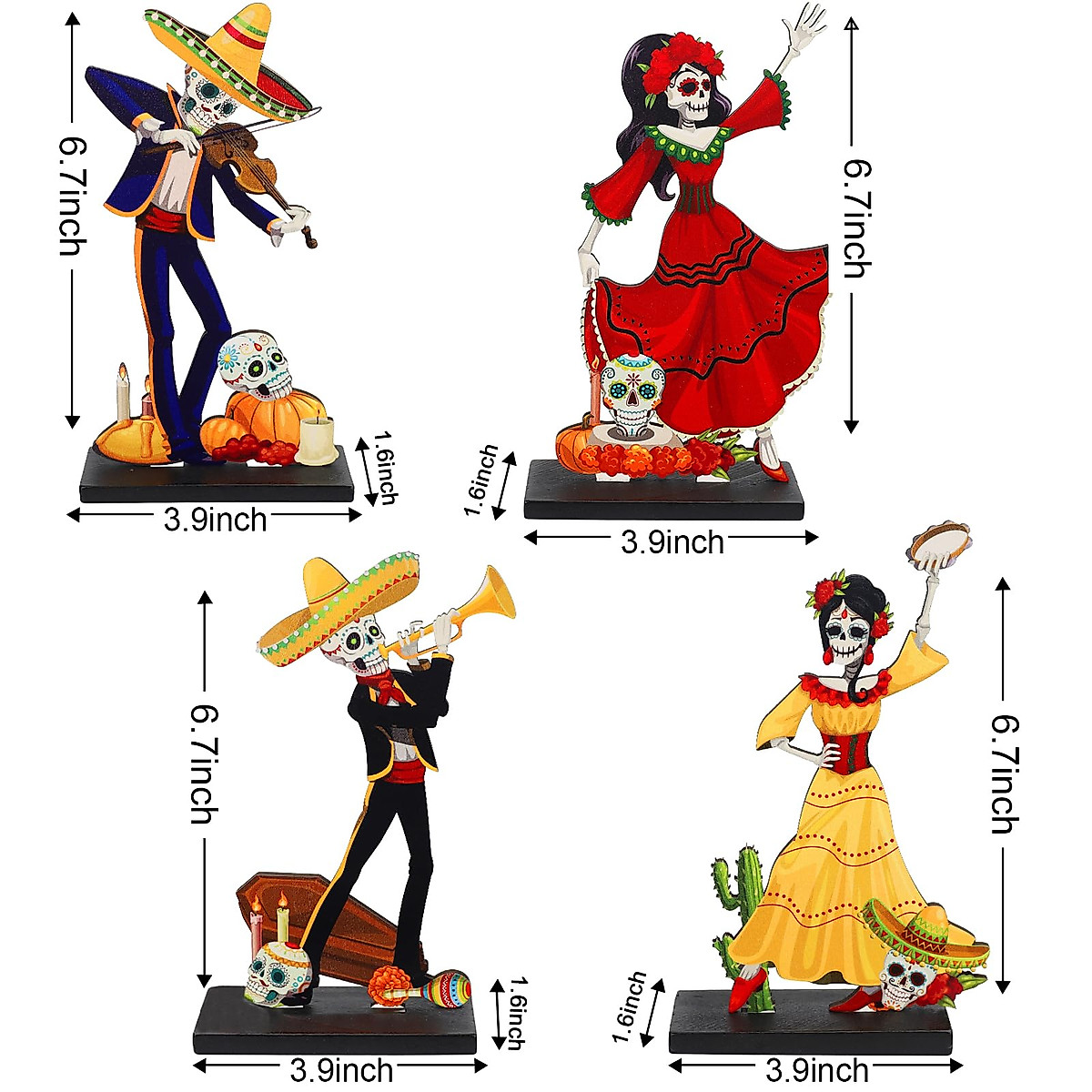 4 Pieces Day of The Dead Table Top Decorations Wooden Halloween Sign for Mexican Fiesta Decorations,Dia De Los Muertos Centerpieces for Table
