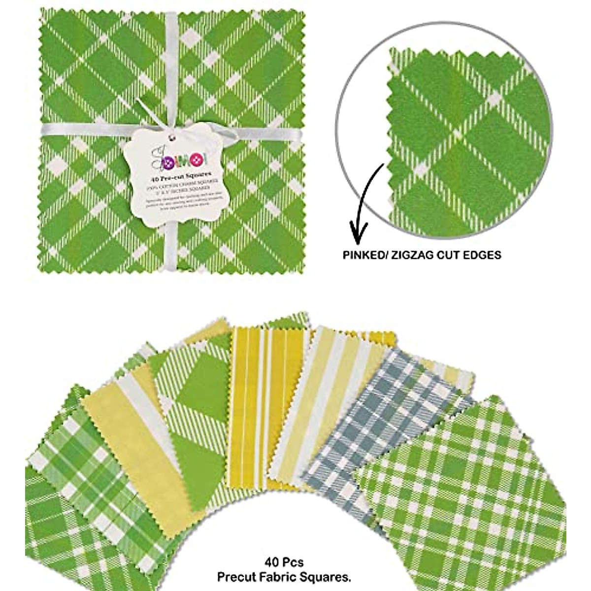 Soimoi Check Print Precut 5-inch Cotton Fabric Quilting Squares Charm Pack DIY Patchwork Sewing Craft- Light Green & Mustard Yellow