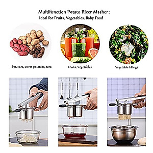 HUAPX® Potato Ricer and Masher,Heavy Duty Stainless Steel Food Ricer (11.6" x 4.5") with 14 oz Large Capacity,3-in-1 Peeler and 3 Ricing Discs for Fruit Juicer,Cooking,Purees,Baby Food Press Squeezer