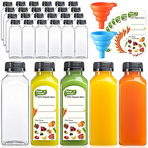 24 PACK, 12 OZ Reusable Plastic Juice Bottles with Caps, Plus 24 Labels & 2 Silicone Funnels - Clear Juicing Bottles for Juice, Smoothies, Ginger, Tea, Coffee - Food Grade & Leakproof Travel Bottles