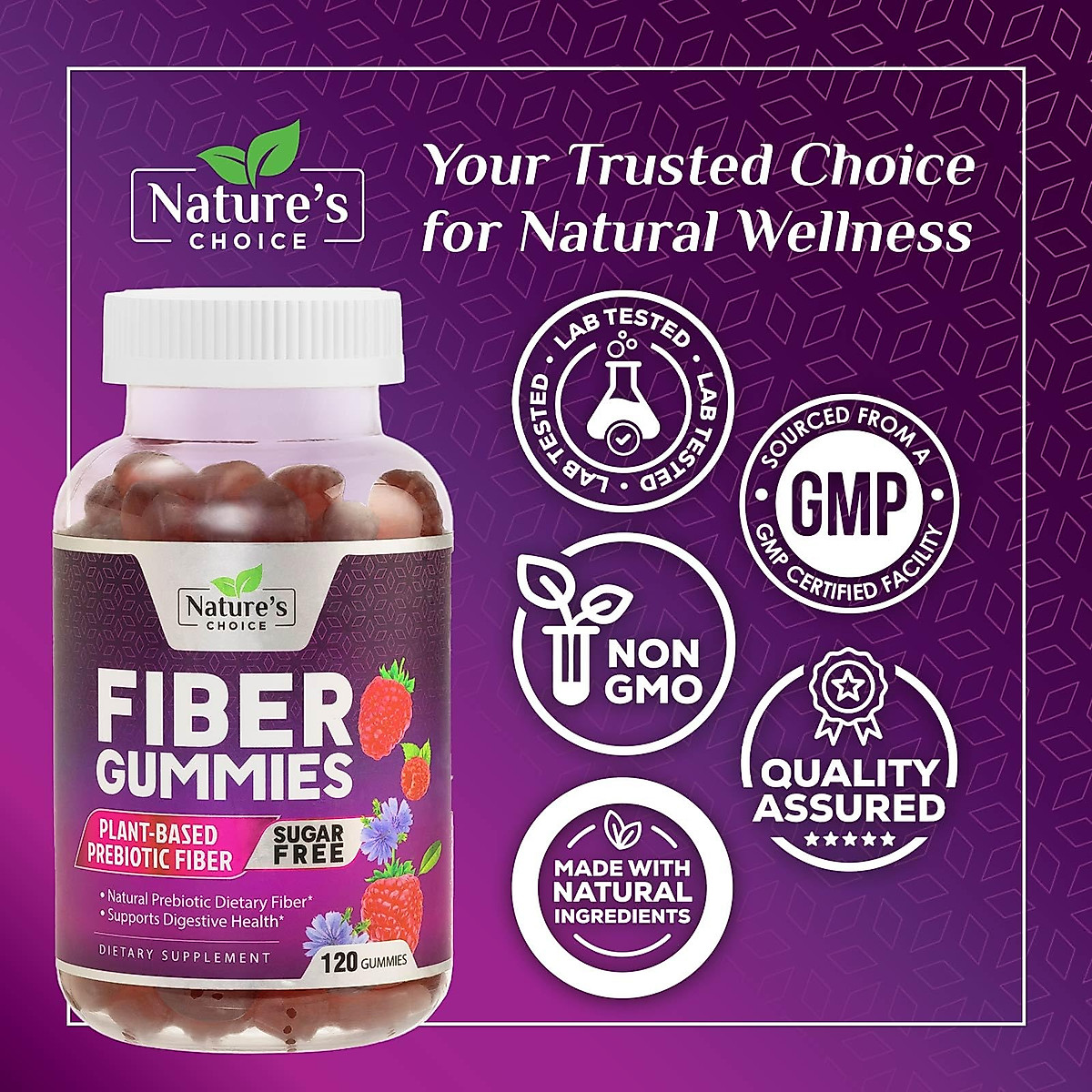 Sugar Free Fiber Gummies for Adults, Daily Prebiotic Fiber Supplement & Digestive Health Support - Supports Regularity & Digestive Health, Nature's Plant Based, Non-GMO, Berry Flavor - 120 Gummies