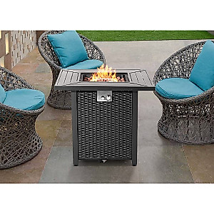 SUNBURY Outdoor Propane Fire Pit Table, 28 Inch Patio Gas Fire Table 40,000 BTU Auto-Ignition, Rattan-Look Outdoor Companion w Lid, Waterproof Cover, Lava Rocks (Black Brown)
