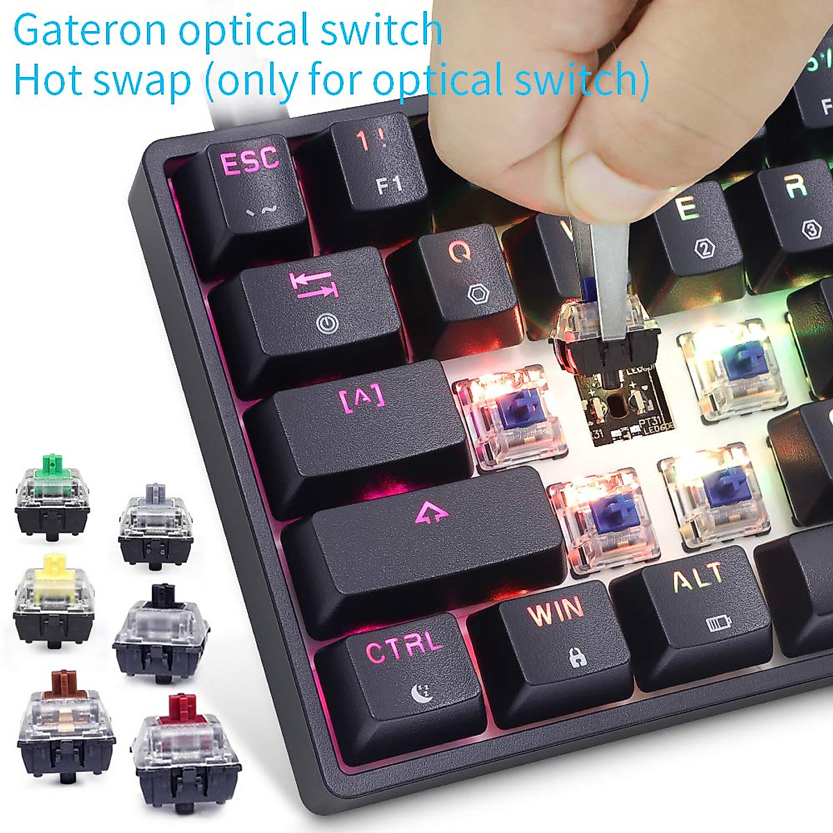 YUNZII SK64 64 Keys Hot Swappable Optical Mechanical Keyboard with ABS Shine-Through Keycaps, RGB Backlit, Programmable for Win/Mac/Gaming (Gateron Optical Blue, Black)