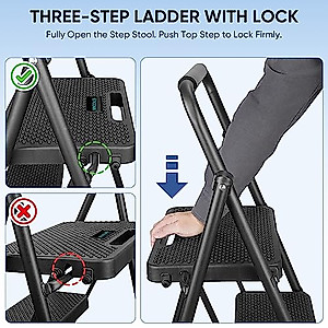 TICONN 3 Step Ladder, Heavy Duty Foldable Step Stool, 330lbs Rated Portable Steel Folding Stool with Wide Anti-Slip Steps and Handgrip for Household Garage Storage (Black)