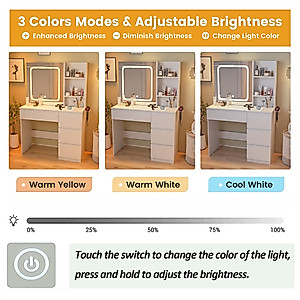 Vabches White Vanity Desk with Mirror and Lights, Makeup Vanity with Lights 4 Drawers, Vanity Table with Power Outlet & Sliding Door, 3 Lighting Colors, 37inch