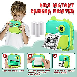 Instant Print Camera for Kids,Inkless Sticker Printer for Girls Boys Age 3-12, HD Digital Video Cameras, Mini Thermal Printer Kid Toy Gifts with 3 Rolls Photo Paper, 5 Color Pens, 32GB Card-Green