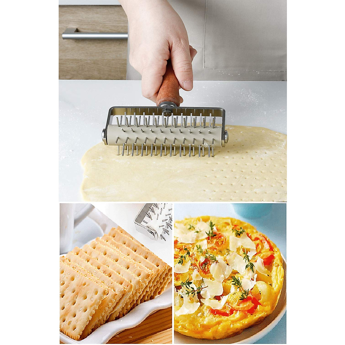 AMPSEVEN Pizza Dough Docker Roller - Pastry Docker Roller with Spike for Homemade Baking Cake crackers Pie Hole Maker, Prevent Dough from Blistering