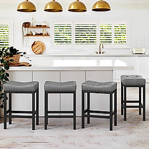 LUE BONA Bar stools Set of 2, 24 Inch Saddle Square Counter Height Bar Stools for Kitchen Island, Modern Backless Faux Leather Counter Stools with Black Metal Legs for Bar, Bistro, Dark Gray