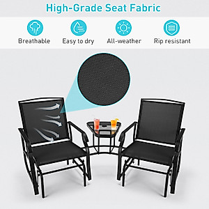 Giantex Outdoor Glider Chairs with Table & Umbrella Hole, Patio 2-Seat Rocking Chair Outside Loveseat Swing w/Breathable Fabric for Garden, Backyard, Poolside, Lawn Metal Glider Bench(Dark)