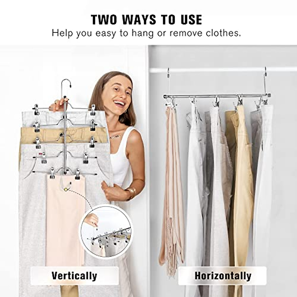 CINKSY Pants Skirt Hangers Space Saving 5 Tier Metal Skirt Hanger with Adjustable Clips Pants Trouser Hangers Closet Organizer for Jeans, Slacks, Shorts - 3 Pack