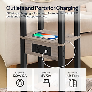 HOOBRO C Shaped End Table with Charging Station, Small Side Table with 2 USB Ports and Outlets, TV Tray Table, Couch Table for Small Spaces, Living Room, Bedroom, Greige and Black BG62USF01