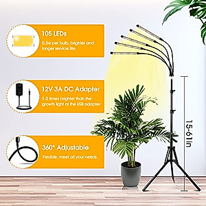wolezek Grow Light with Stand, [5-Heads] LED Grow Lights for Indoor Plants Full Spectrum, Plant Grow Lamp 3000K 6500K 660nm, 4/8/12H Auto Timer, 12V 3A DC Adapter, Tripod 15-61in