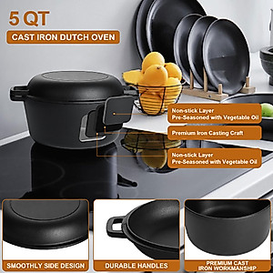 E-far Pre-Seasoned Cast Iron Dutch Oven, 5 Quart 2 in 1 Dutch Oven Pot with Skillet Lid and Silicone Bread Sling, Ideal for Bread Baking, Cooking, Stewing, Frying, Induction & Oven Safe - Black