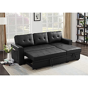 INFINI FURNISHINGS Reversible Faux Leather Pocket Sleeper Sofa in Black